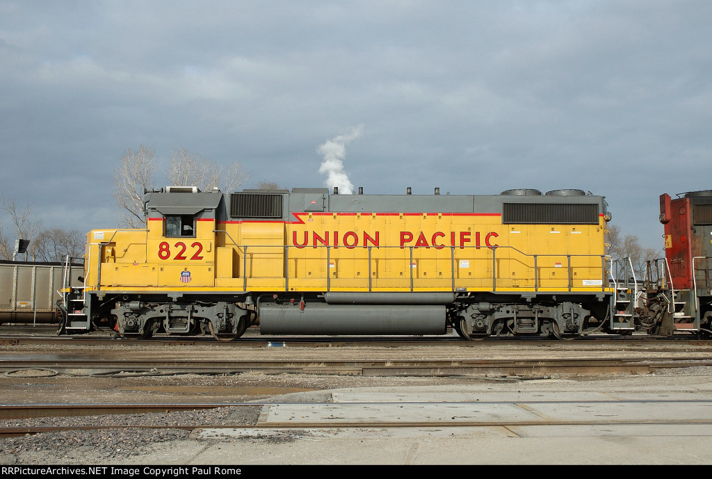 UP 822, EMD GP38-2, ex MP 2322, at the Bluffs Yard